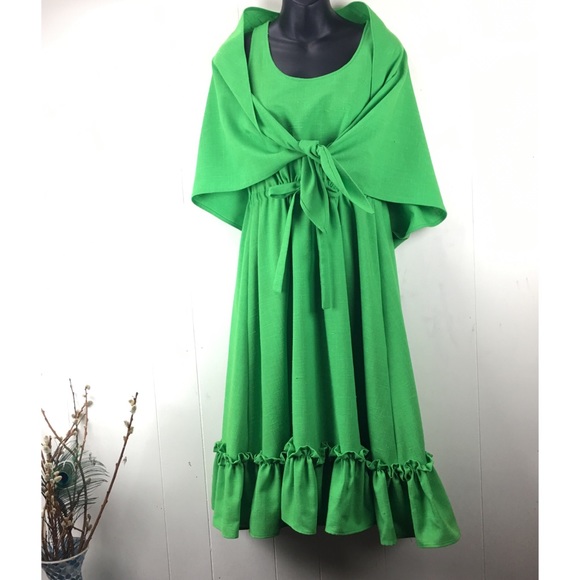 Vintage | Dresses | Vintage Handmade Ruffled Green Dress W Shawl | Poshmark